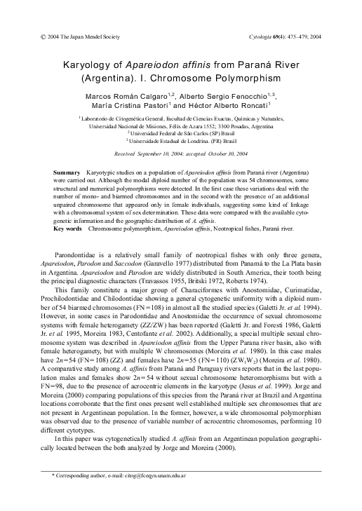 (PDF) Karyology of Apareiodon affinis from Paraná River (Argentina). I ...