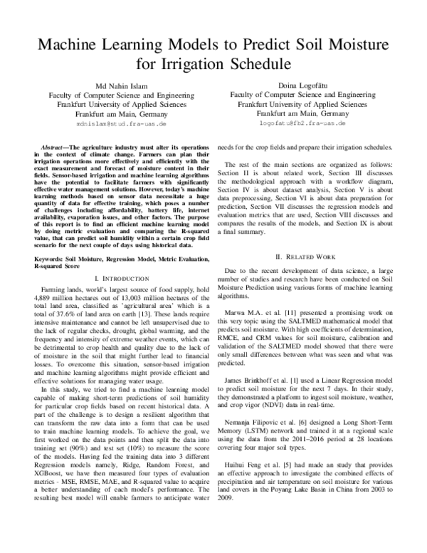 (PDF) Machine Learning Models to Predict Soil Moisture for Irrigation Schedule