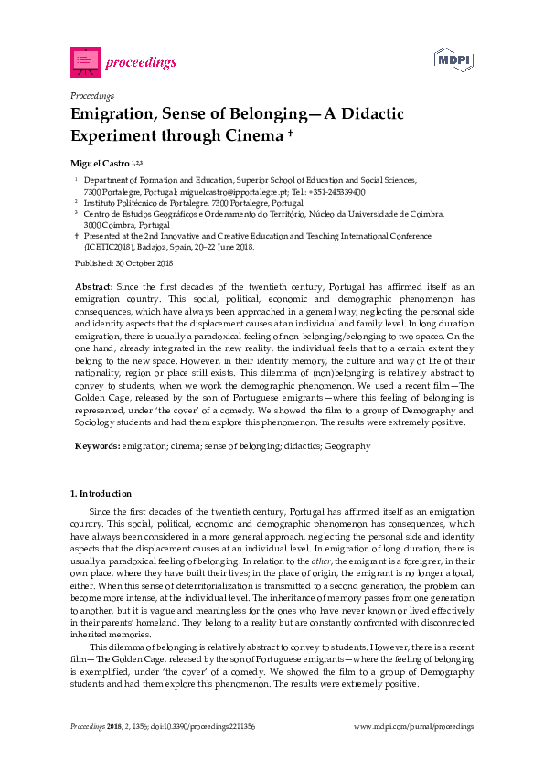 (PDF) Emigration, Sense of Belonging—A Didactic Experiment through Cinema