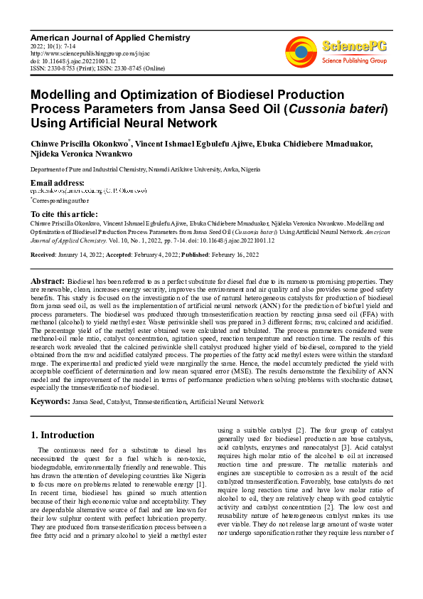 (PDF) Modelling and Optimization of Biodiesel Production Process Parameters from Jansa Seed Oil ...