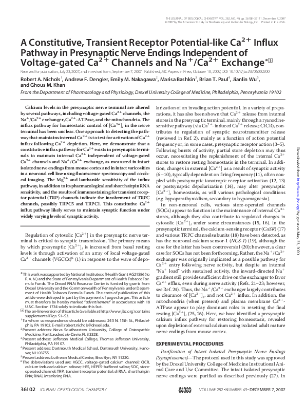 (PDF) A Constitutive, Transient Receptor Potential-like Ca2+ Influx Pathway in Presynaptic Nerve ...