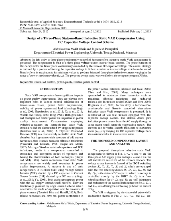 Pdf Design Of A Three Phase Statcom Based Inductive Static Var