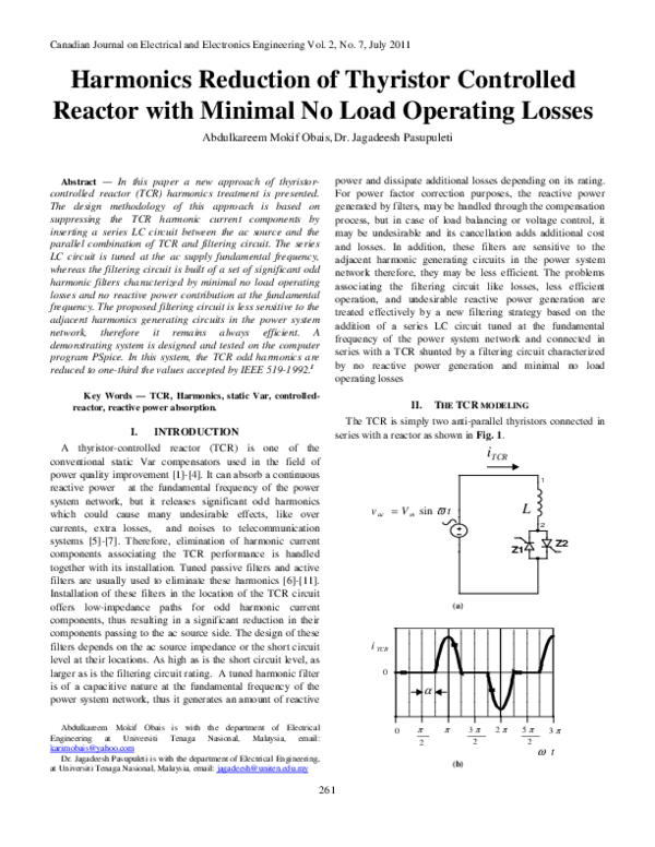 (PDF) Harmonics Reduction of Thyristor Controlled Reactor with Minimal No Load Operating Losses
