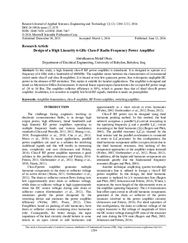 Pdf Design Of A High Linearity 6 Ghz Class F Radio Frequency Power