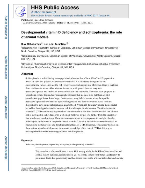 (PDF) Developmental vitamin D deficiency and schizophrenia: the role of ...