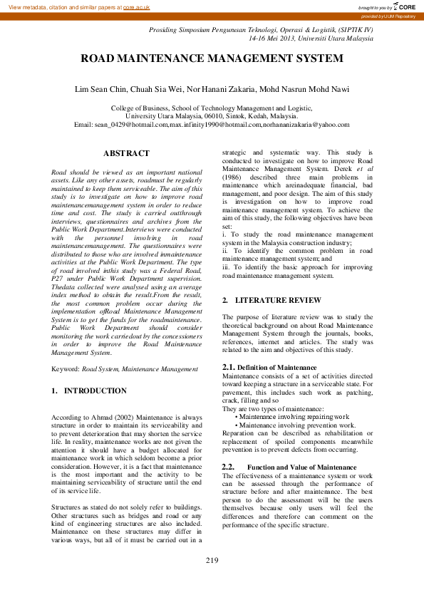 (PDF) Road maintenance management system
