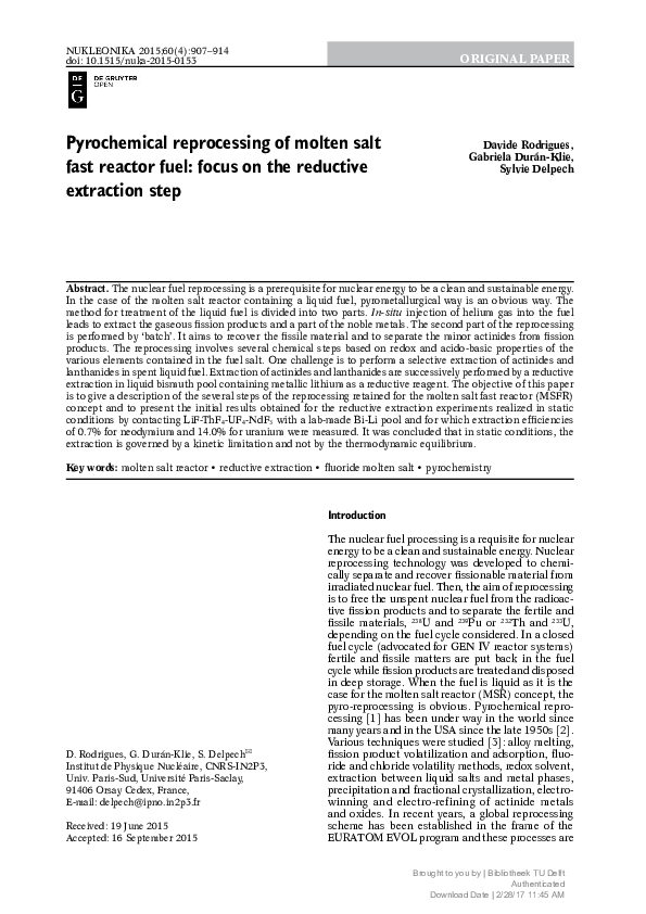 (PDF) Pyrochemical reprocessing of molten salt fast reactor fuel: focus ...