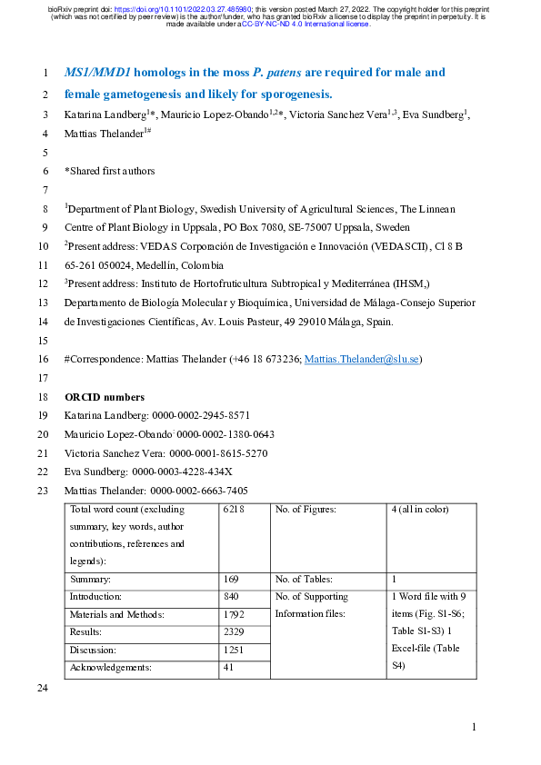 (PDF) MS1/MMD1 homologs in the moss P. patens are required for male and female gametogenesis and ...