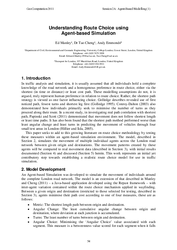 (PDF) Understanding route choice by using agent-based simulation