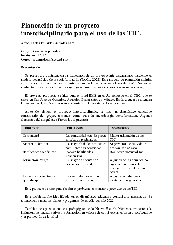 (DOC) Planeación de un proyecto interdisciplinario para el uso de las TIC | CARLOS EDUARDO ...