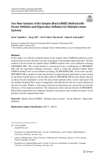 (PDF) Two New Variants of the Simpler Block GMRES Method with Vector Deflation and Eigenvalue ...