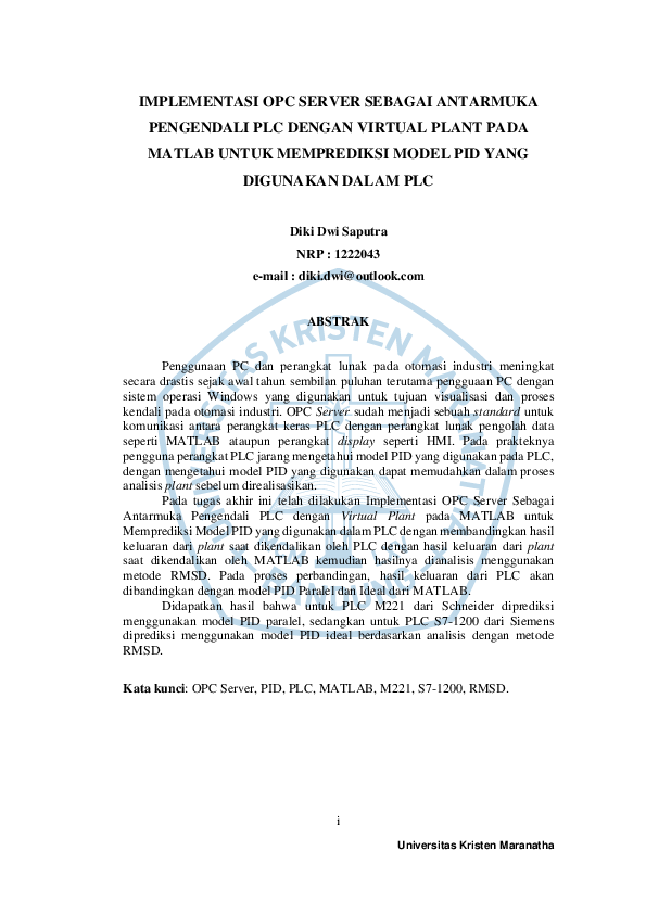 (PDF) Implementasi OPC Server Sebagai Antarmuka Pengendalian PLC Dengan Virtual Plant pada ...