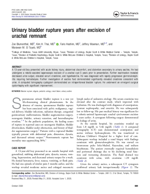 (PDF) Urinary bladder rupture years after excision of urachal remnant