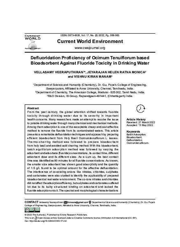 (PDF) Defluoridation Proficiency of Ocimum tenuiflorum Based ...