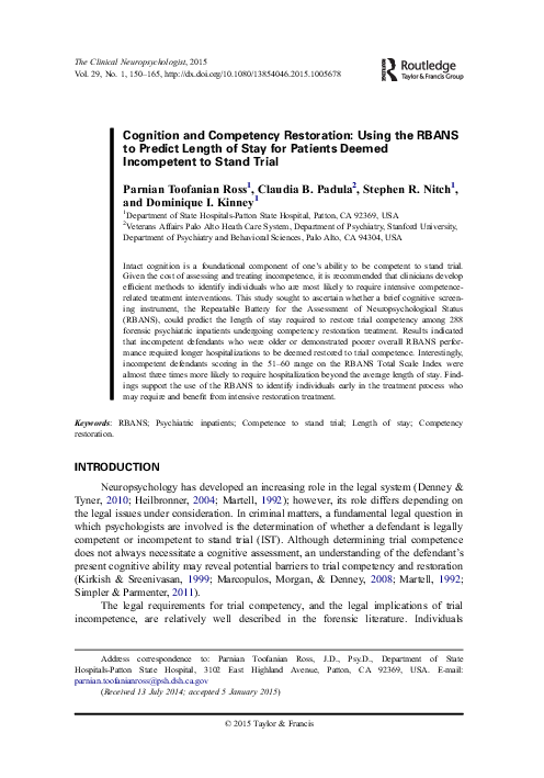 (PDF) Cognition and Competency Restoration: Using the RBANS to Predict ...