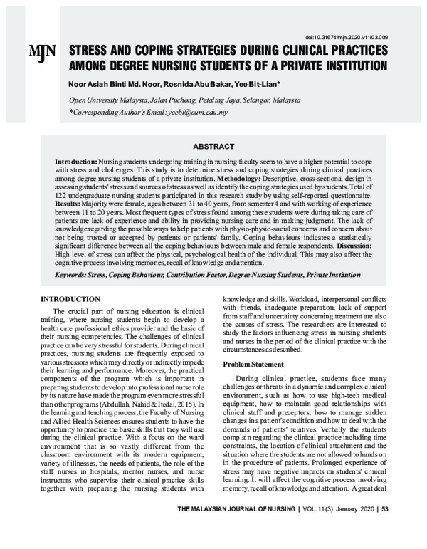 (PDF) Stress and Coping Strategies During Clinical Practices Among Degree Nursing Students of a ...
