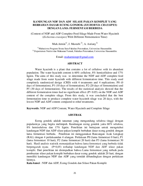 (PDF) Kandungan NDF Dan ADF Silase Pakan Komplit Yang Berbahan Dasar Eceng Gondok (Eichornia ...
