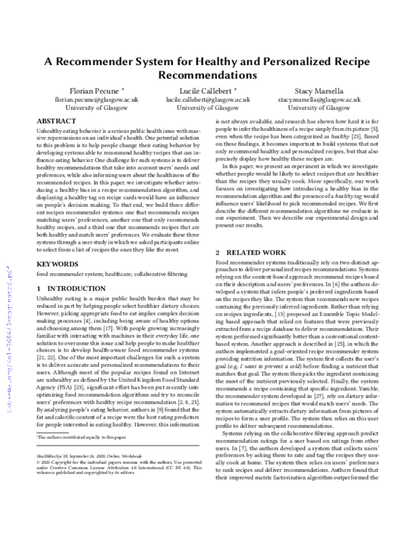 (PDF) A Recommender System for Healthy and Personalized Recipes ...