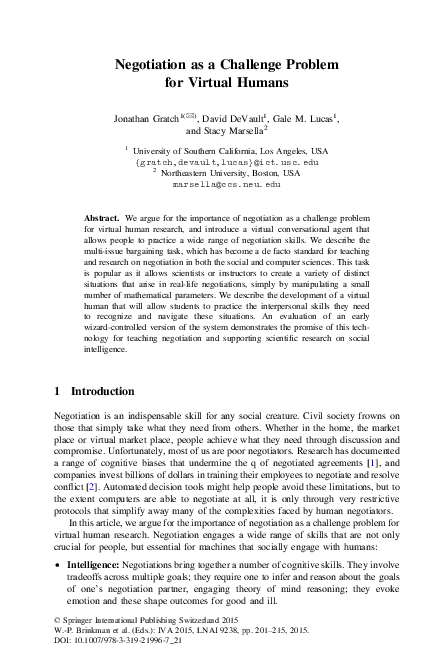 (PDF) Negotiation as a Challenge Problem for Virtual Humans
