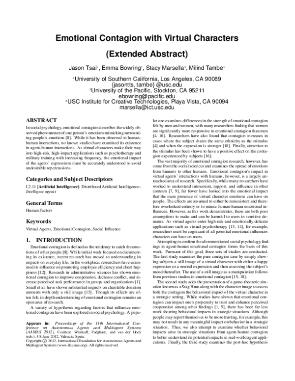 (PDF) A Study of Emotional Contagion with Virtual Characters