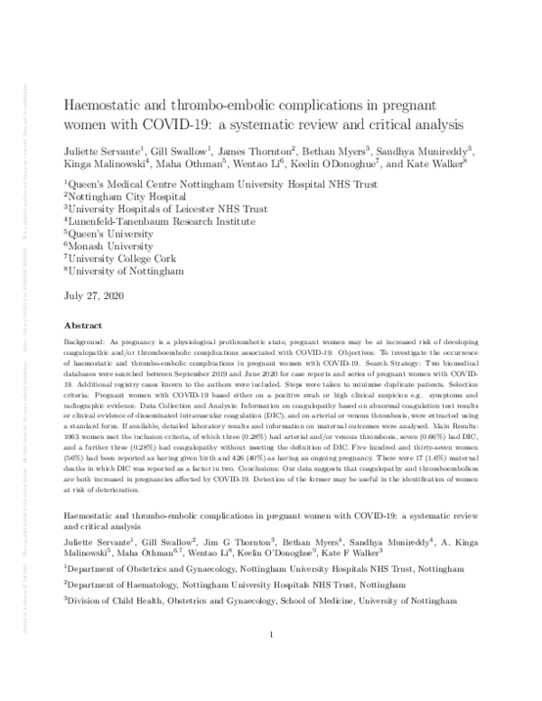 (PDF) Haemostatic and thrombo-embolic complications in pregnant women with COVID-19: a ...