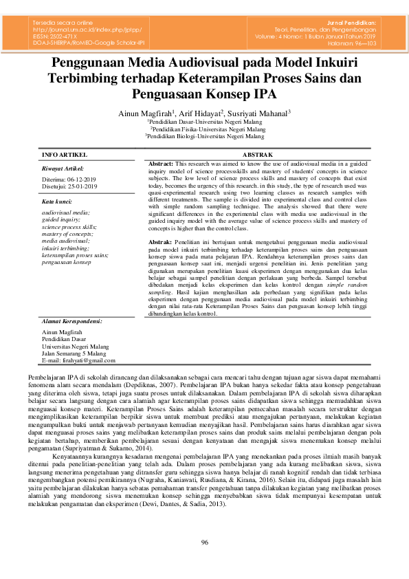 (PDF) Penggunaan Media Audiovisual pada Model Inkuiri Terbimbing terhadap Keterampilan Proses ...