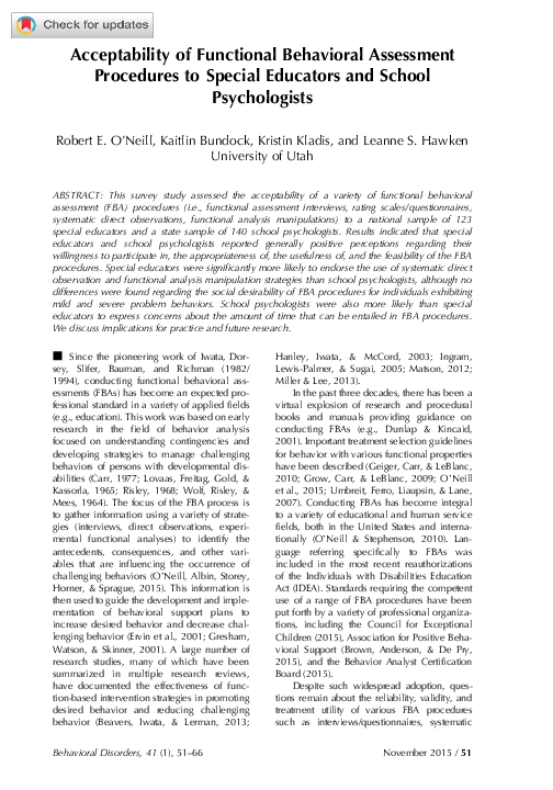 (PDF) Acceptability of Functional Behavioral Assessment Procedures to Special Educators and ...