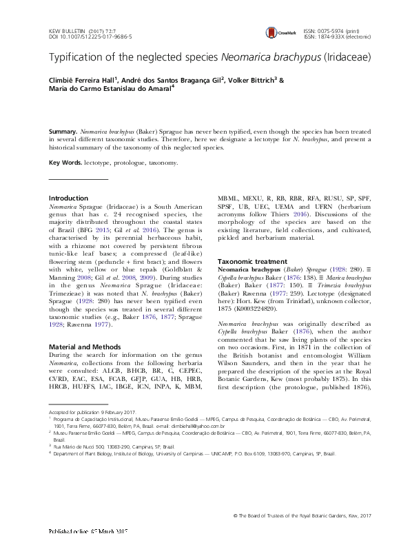 (PDF) Typification of the neglected species Neomarica brachypus (Iridaceae)