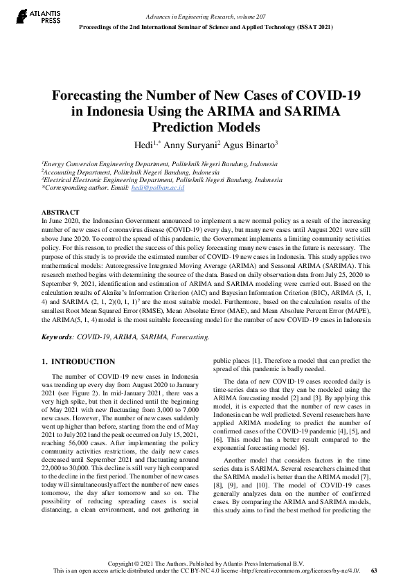 (PDF) Forecasting the Number of New Cases of COVID-19 in Indonesia Using the ARIMA and SARIMA ...
