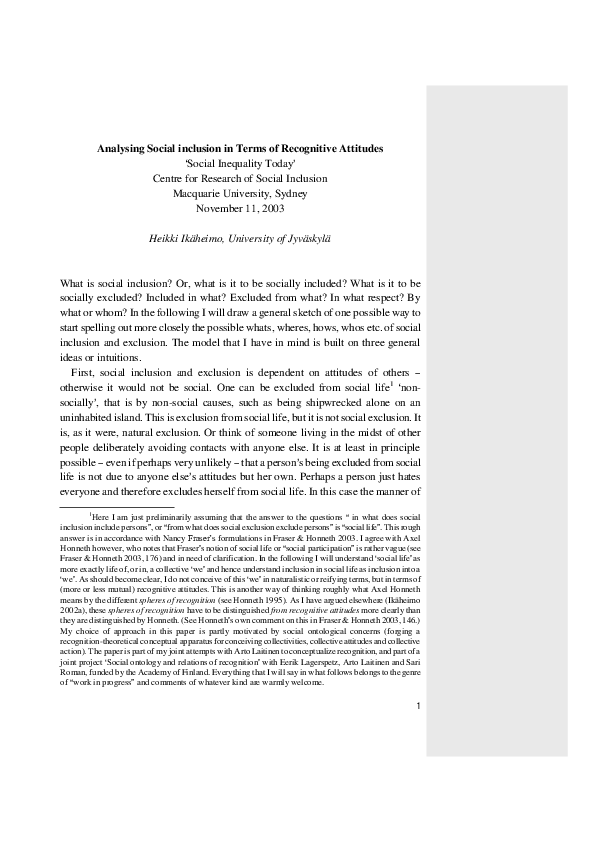 (PDF) Analysing social inclusion in terms of recognitive attitudes