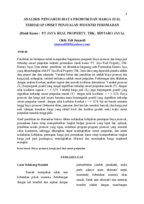 (PDF) ANALISIS PENGARUH BIAYA PROMOSI DAN HARGA JUAL TERHADAP OMSET PENJUALAN INDUSTRI PERUMAHAN ...