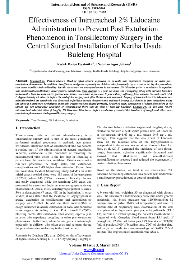 (PDF) Effectiveness of Intratracheal 2% Lidocaine Administration to ...