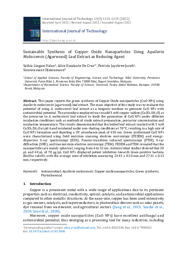 (PDF) Sustainable Synthesis of Copper Oxide Nanoparticles Using Aquilaria Malaccensis (Agarwood ...