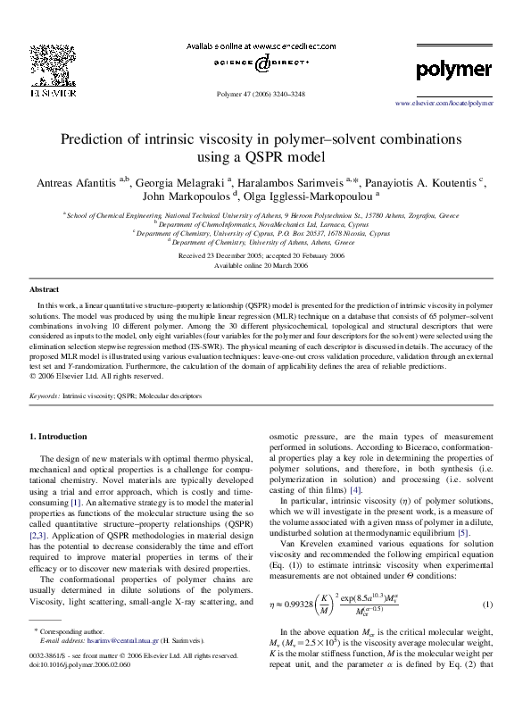 Pdf Prediction Of Intrinsic Viscosity In Polymersolvent Combinations