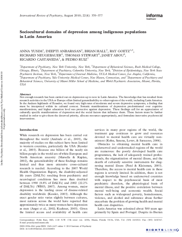 (PDF) Sociocultural domains of depression among indigenous populations ...