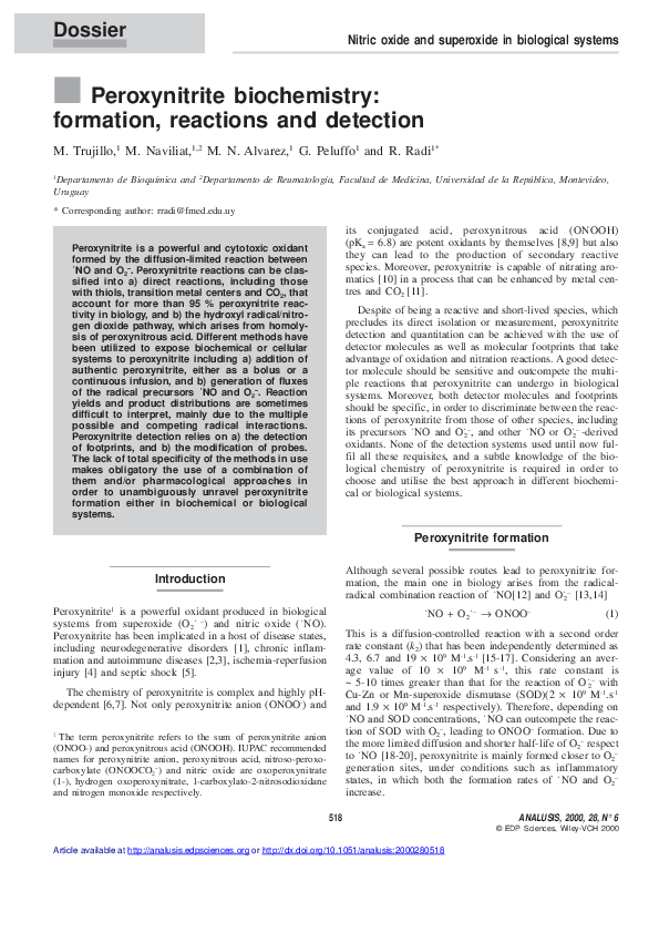 (PDF) Peroxynitrite biochemistry: formation, reactions and detection