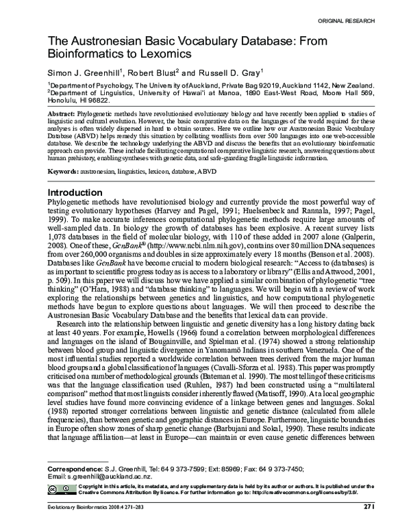 (PDF) The Austronesian Basic Vocabulary Database: From Bioinformatics to Lexomics