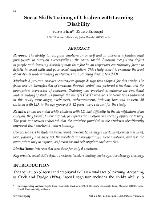 (PDF) Social Skills Training of Children with Learning Disability