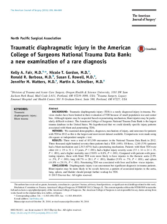 (PDF) Traumatic diaphragmatic injury in the American College of ...