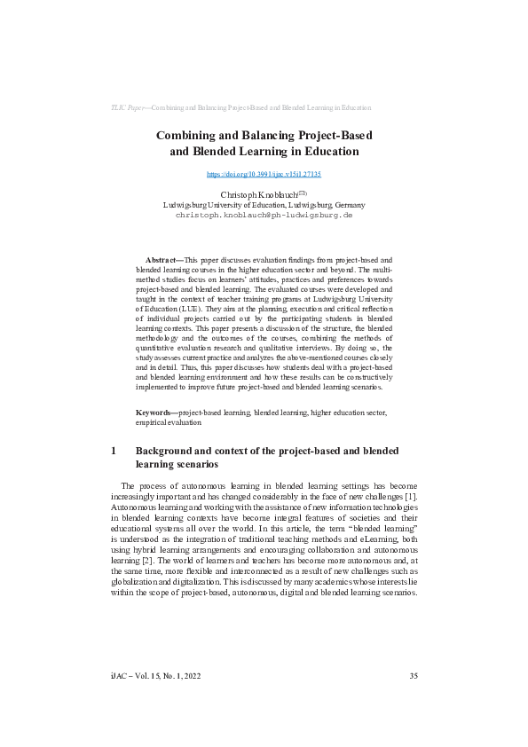 (PDF) Combining and Balancing Project-Based and Blended Learning in Education