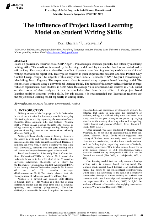 (PDF) The Influence of Project Based Learning Model on Student Writing Skills