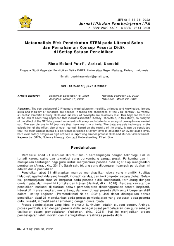 (PDF) Metaanalisis Efek Pendekatan STEM pada Literasi Sains dan Pemahaman Konsep Peserta Didik ...
