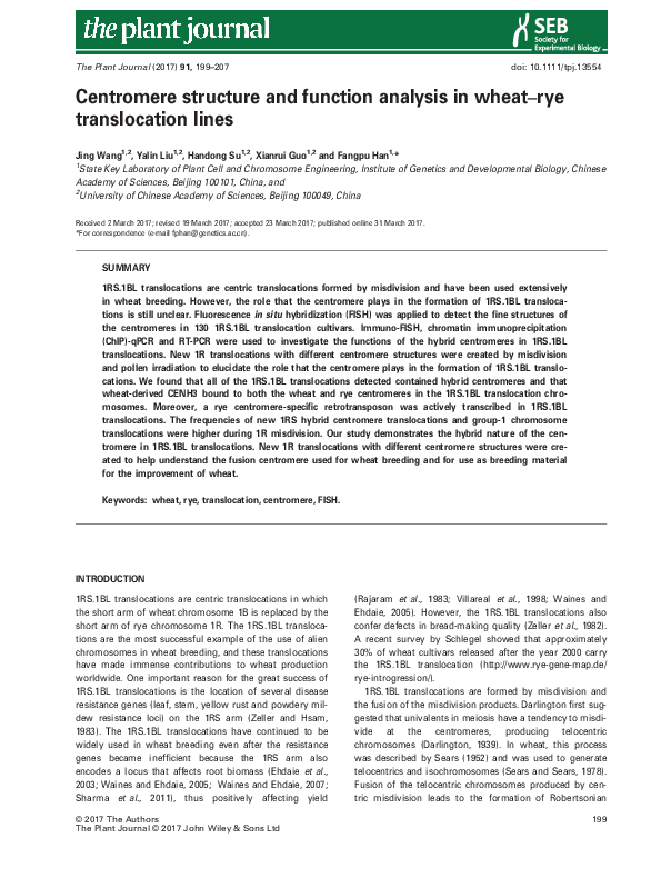 (PDF) Centromere structure and function analysis in the wheat-rye ...