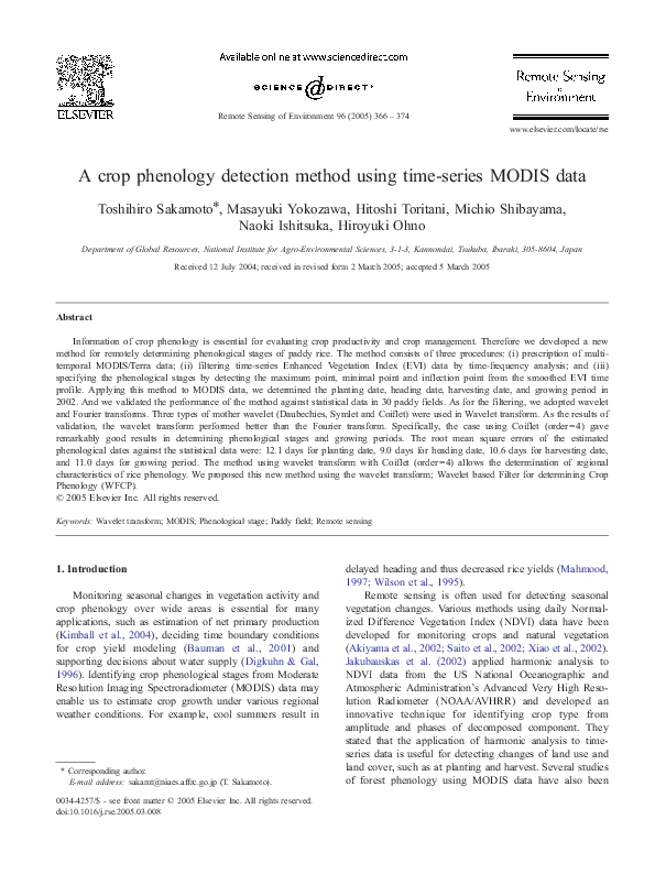 (PDF) A crop phenology detection method using time-series MODIS data