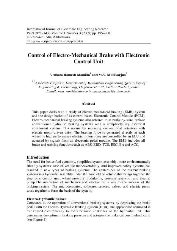 (PDF) Control of Electro-Mechanical Brake with Electronic Control Unit