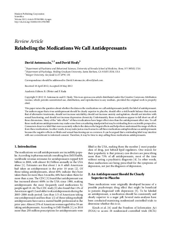 (PDF) Relabeling the Medications We Call Antidepressants