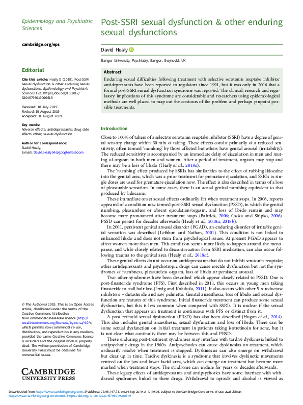 (PDF) Post-SSRI sexual dysfunction & other enduring sexual dysfunctions | David Healy - Academia.edu