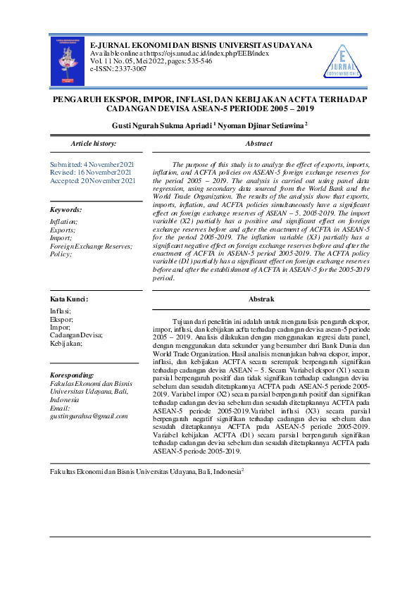 (PDF) Pengaruh Ekspor, Impor, Inflasi, Dan Kebijakan Acfta Terhadap Cadangan Devisa ASEAN-5 ...
