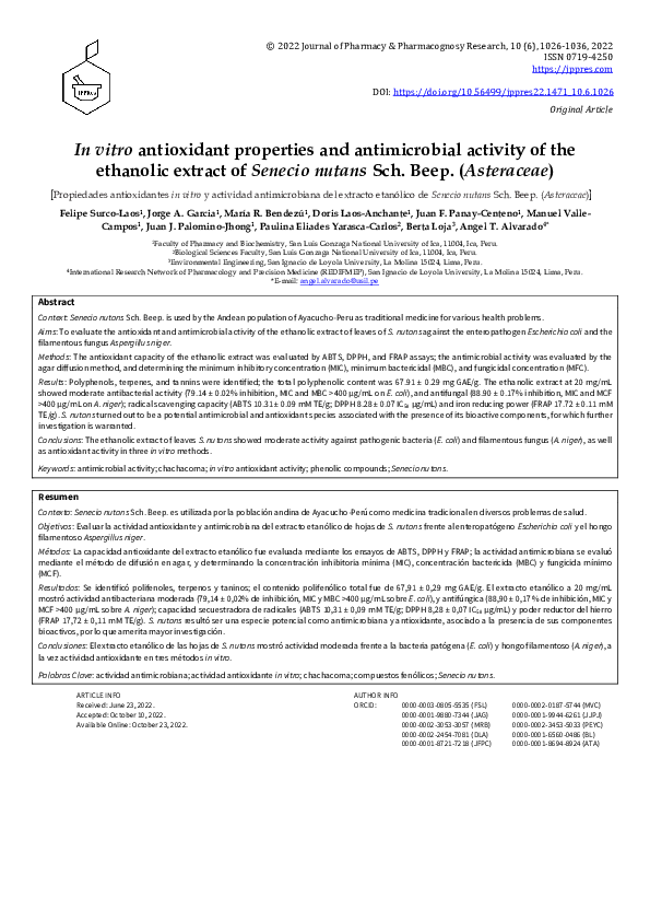(PDF) In vitro antioxidant properties and antimicrobial activity of the ethanolic extract of ...