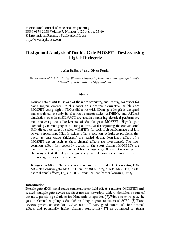 (PDF) Design and Analysis of Double Gate MOSFET Devices using High-k Dielectric